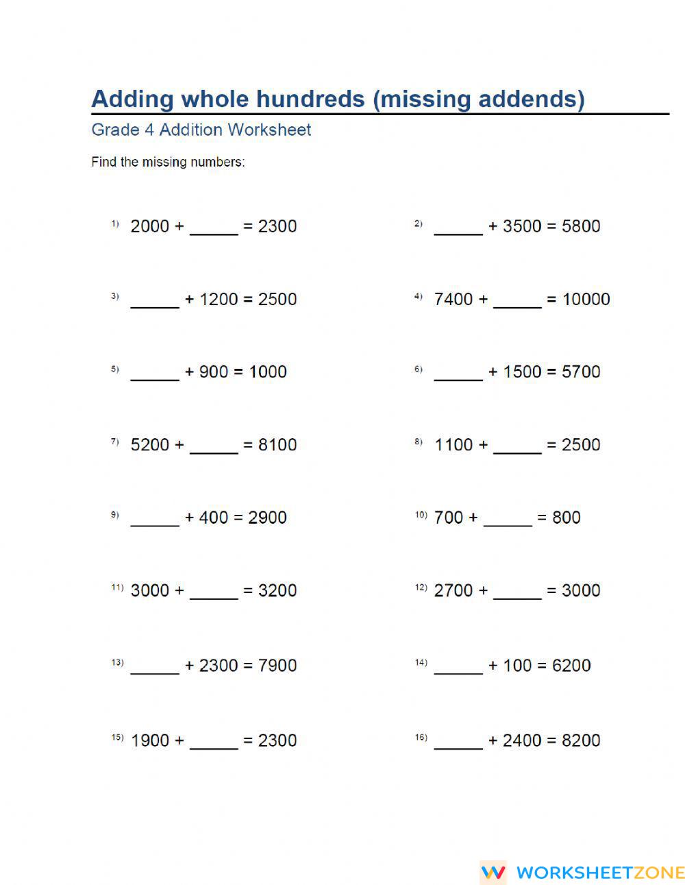 Addition and Subtraction - Grade 4 | Worksheet Zone