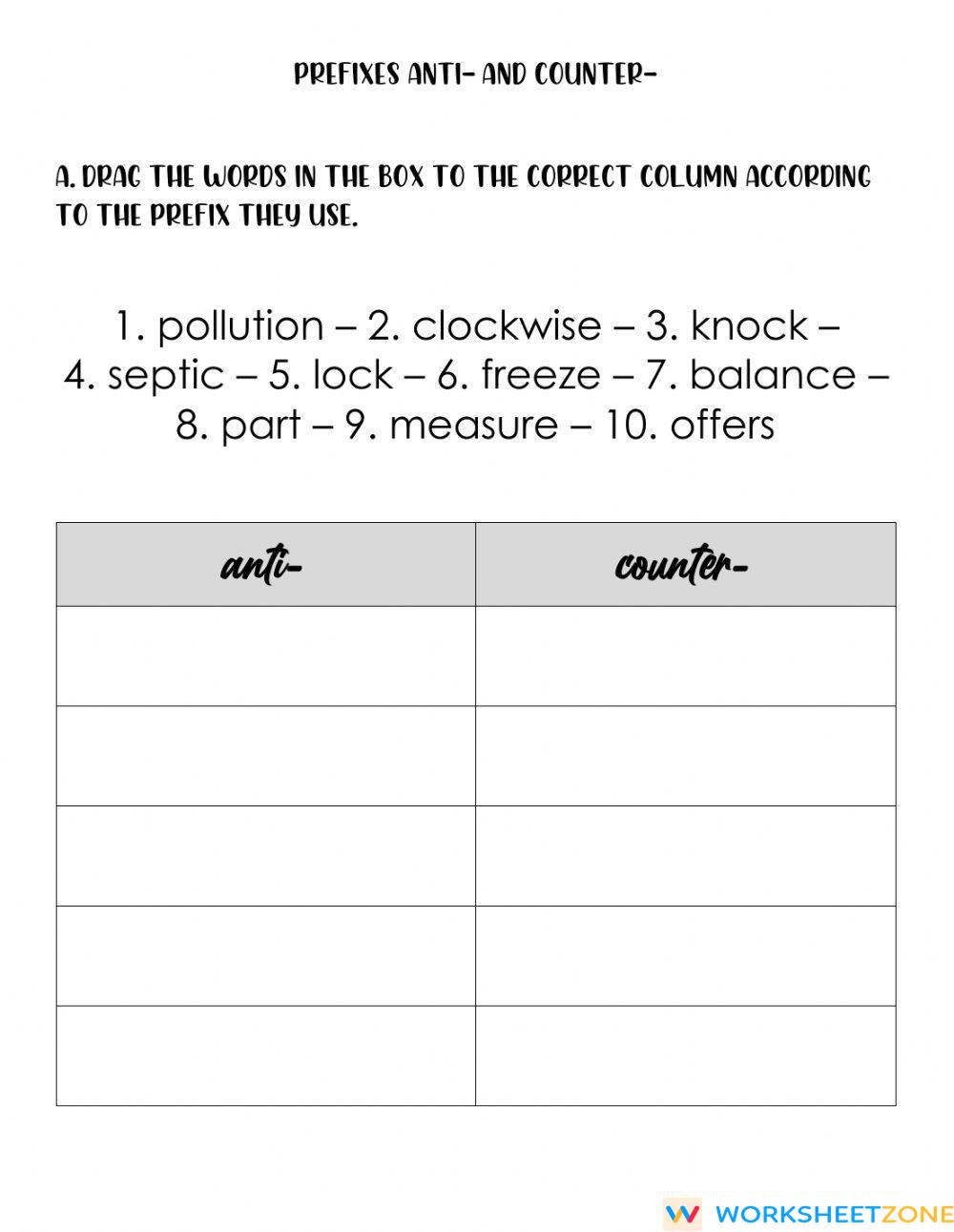 Prefixes anti and counter | Worksheet Zone