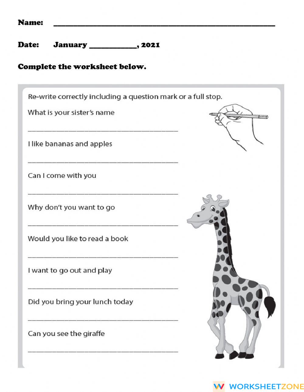 Full stop and Question mark | Worksheet Zone