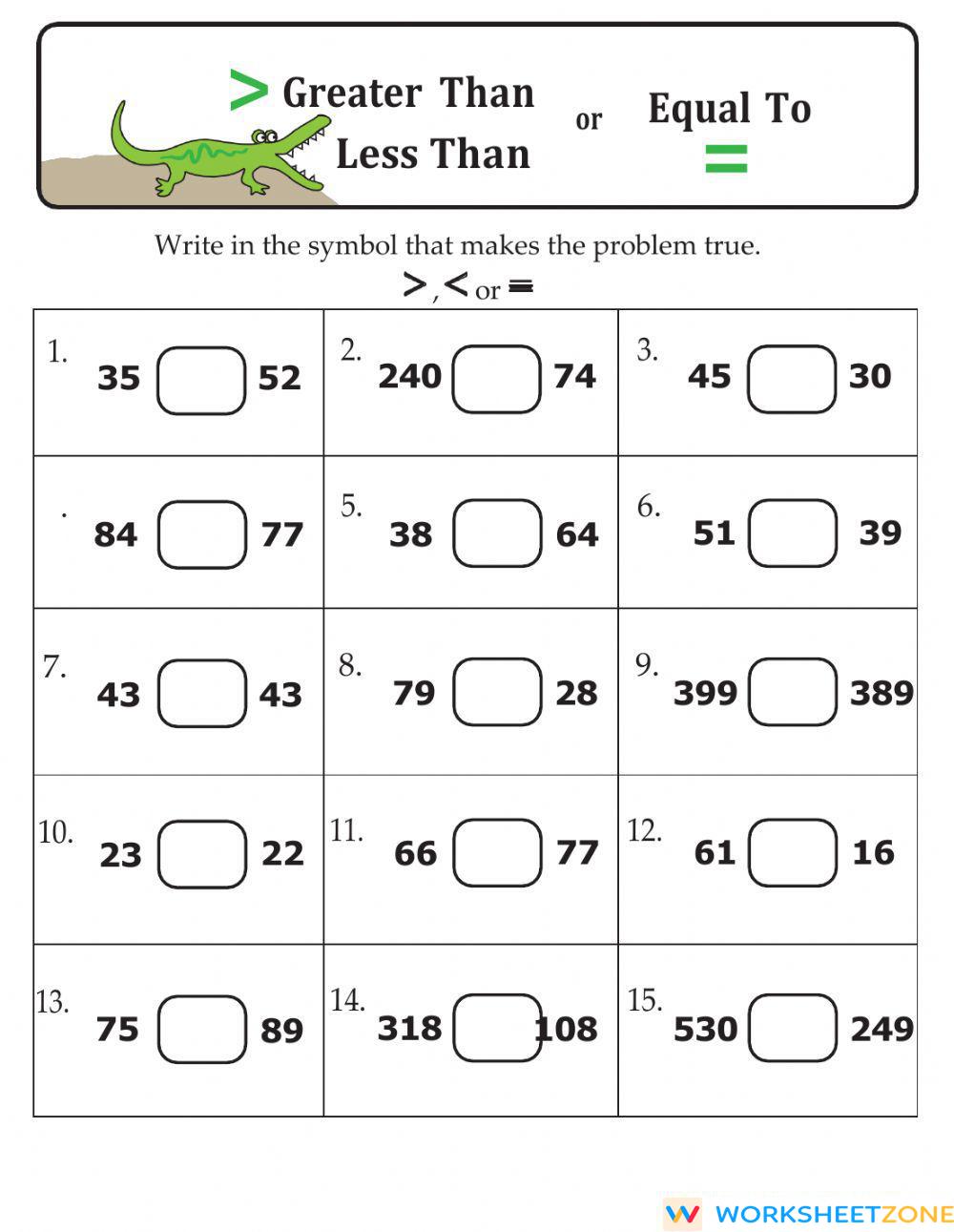 Comparing numbers | Worksheet Zone