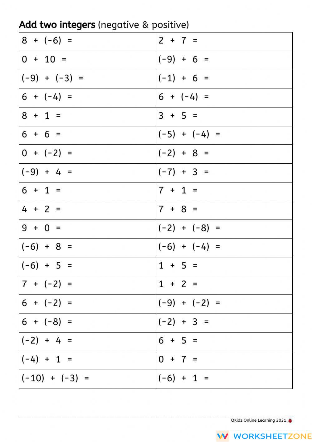 Adding two integers negative and positive | Worksheet Zone