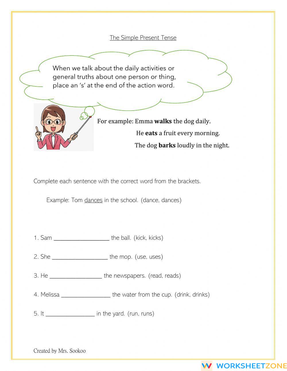 Simple Present Tense - Singular | Worksheet Zone