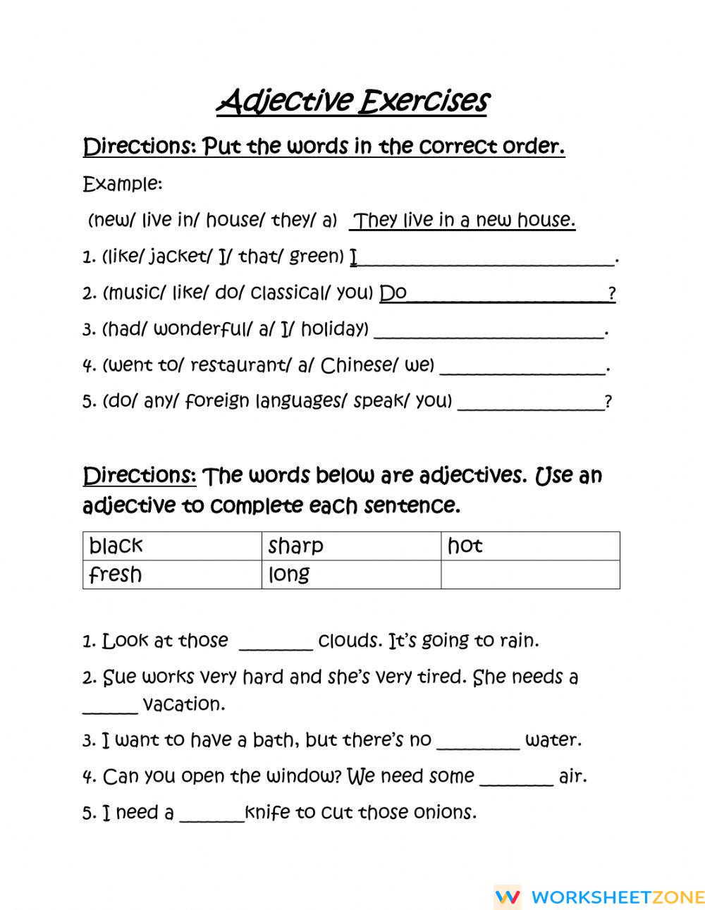 Adjective Excerise | Worksheet Zone