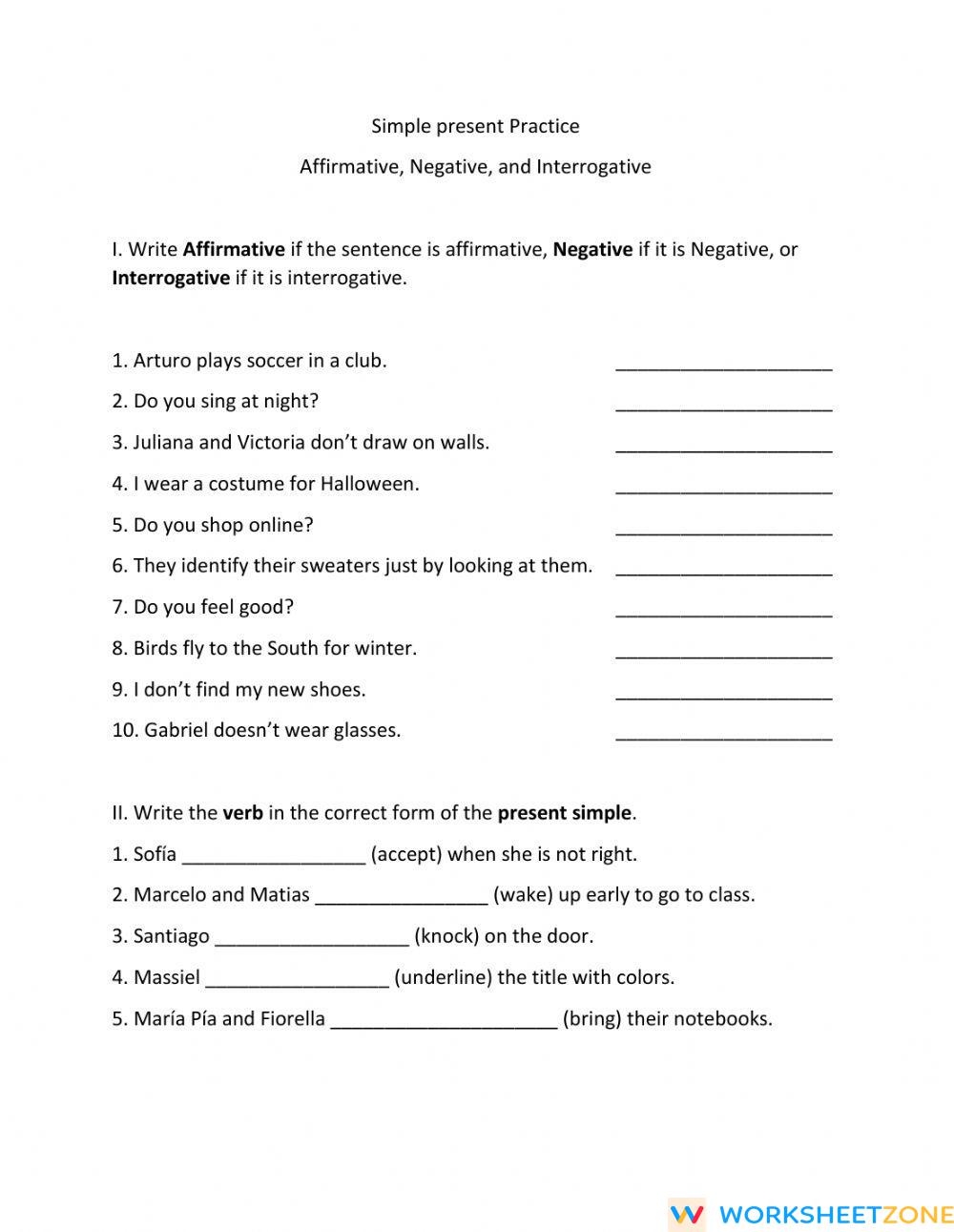 Present Simple Affirmative Negative Interrogative | Worksheet Zone