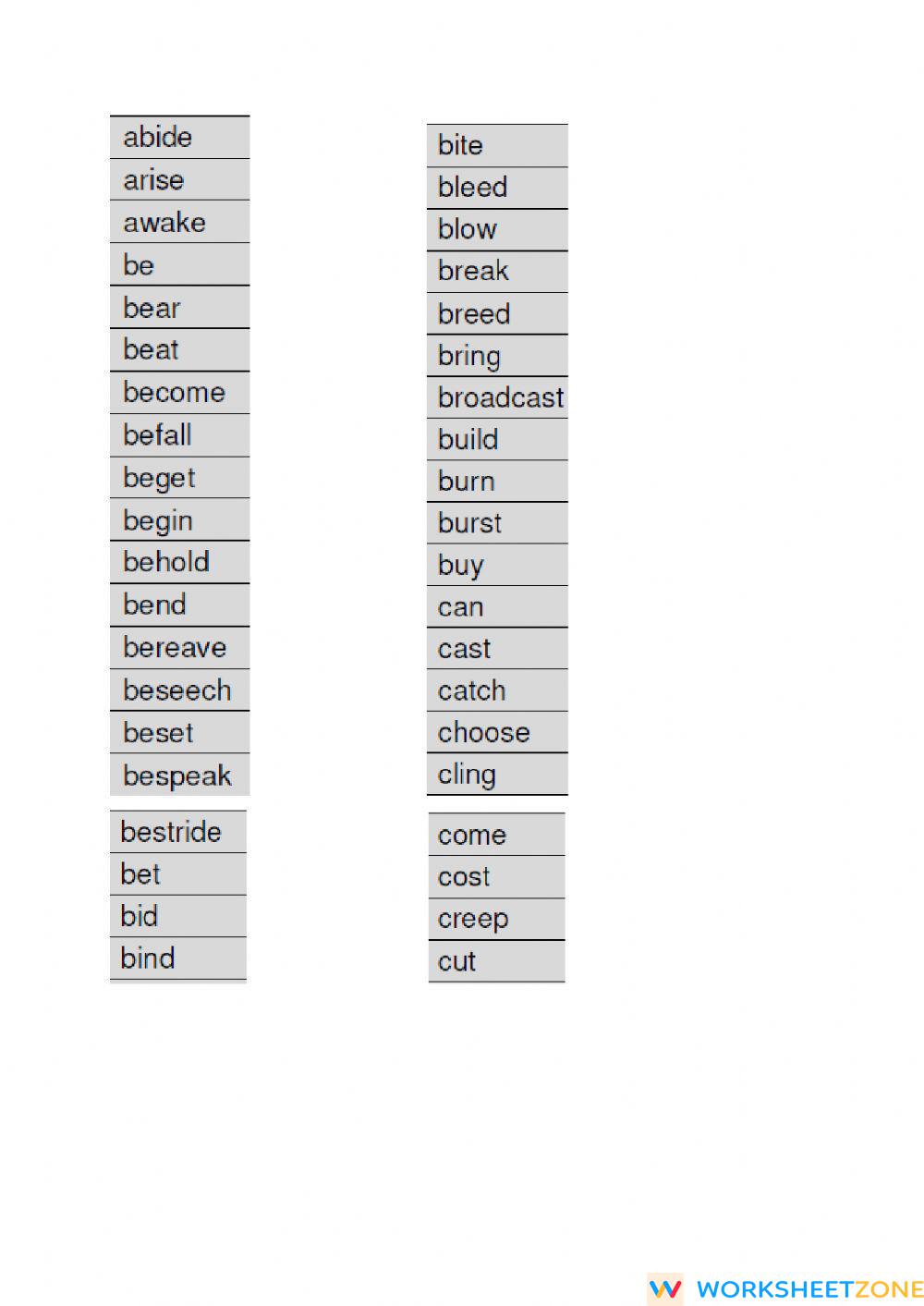 Irregular verbs list | Worksheet Zone