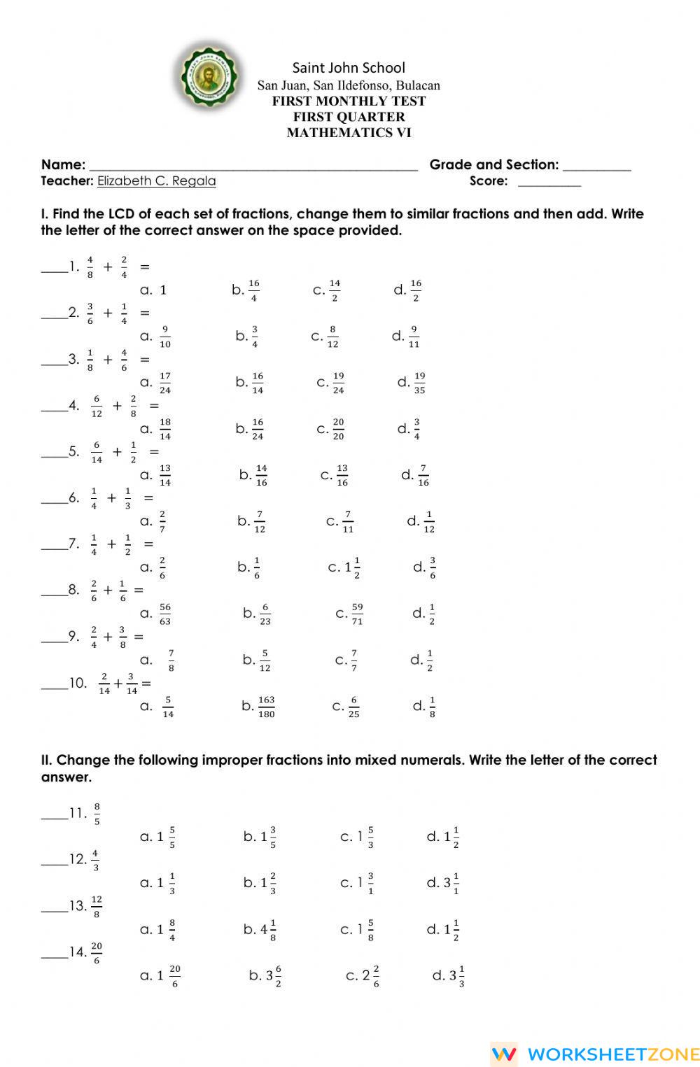 First monthly test | Worksheet Zone