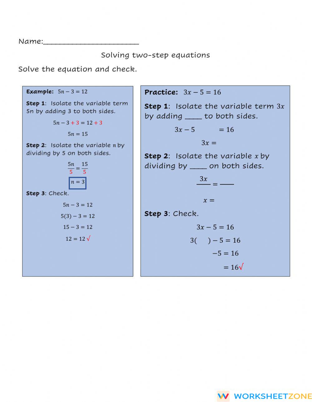 Solve One Step Equations Worksheet