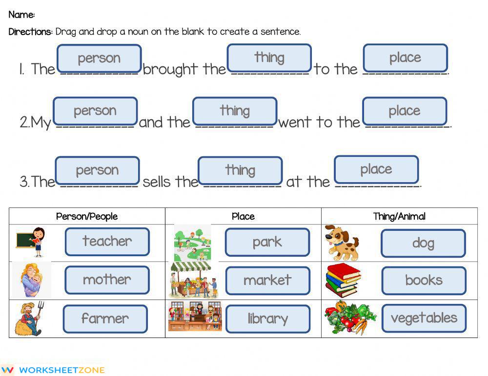 Using Nouns in a Sentence | Worksheet Zone