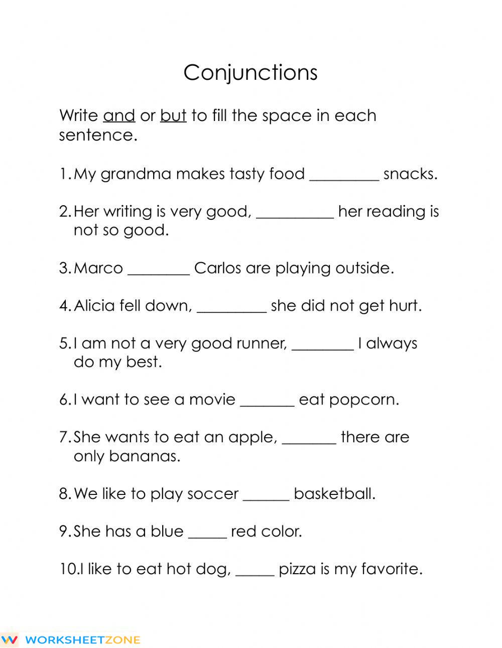 Conjunctions - and-but | Worksheet Zone