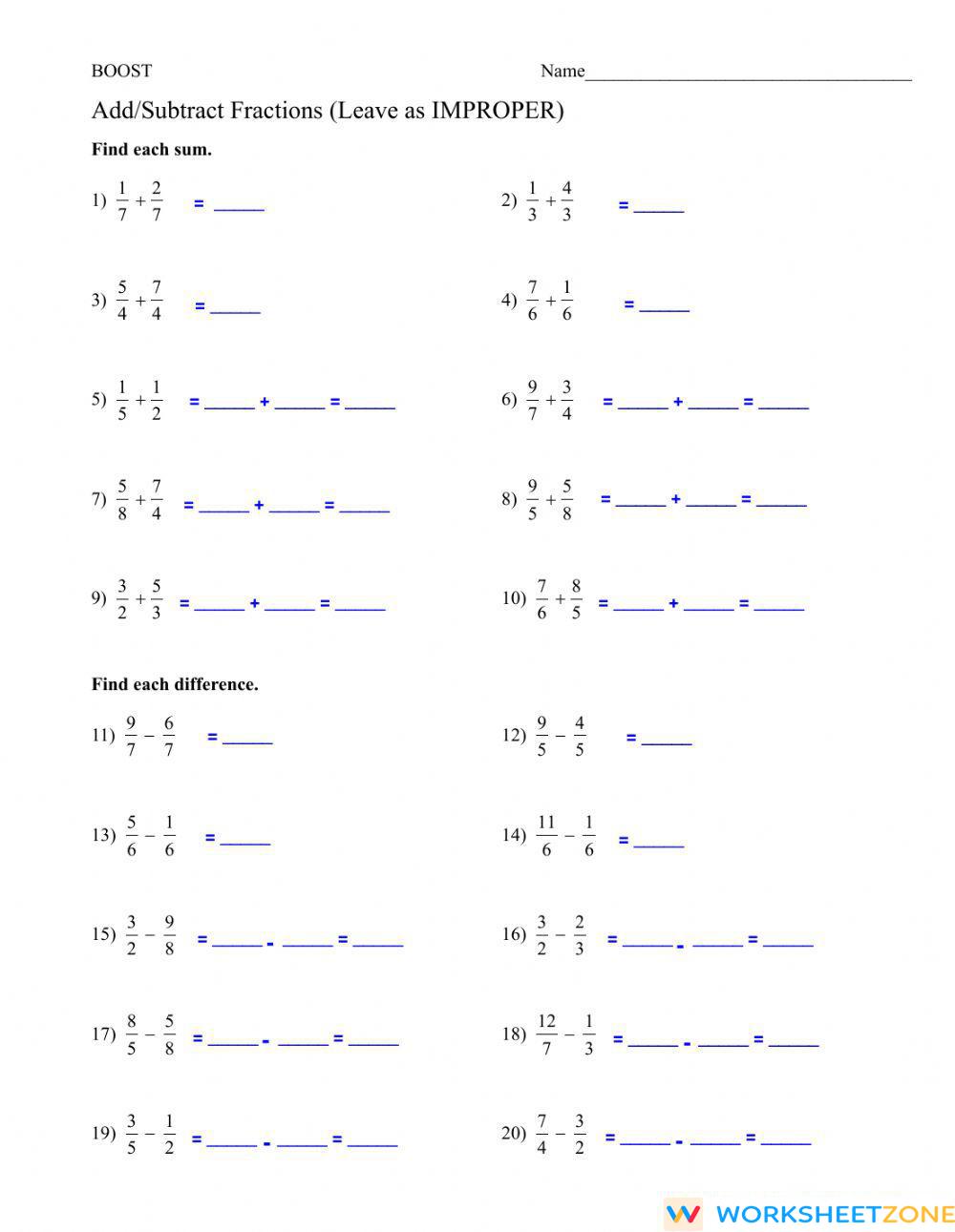 BOOST Add-Sub Fractions 2 | Worksheet Zone