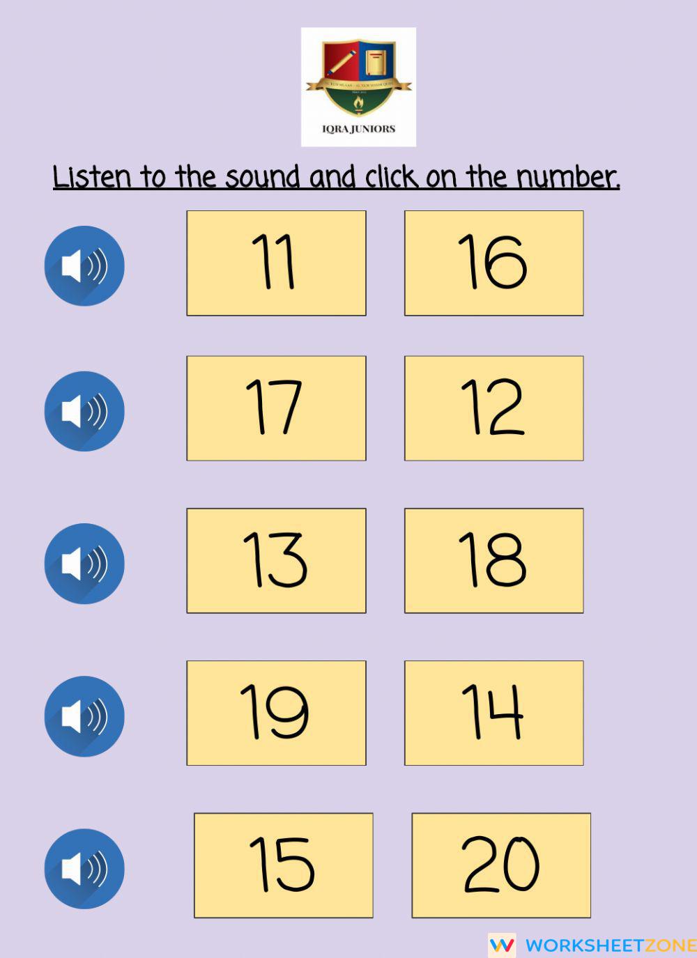 Number Recognition 11-20 | Worksheet Zone