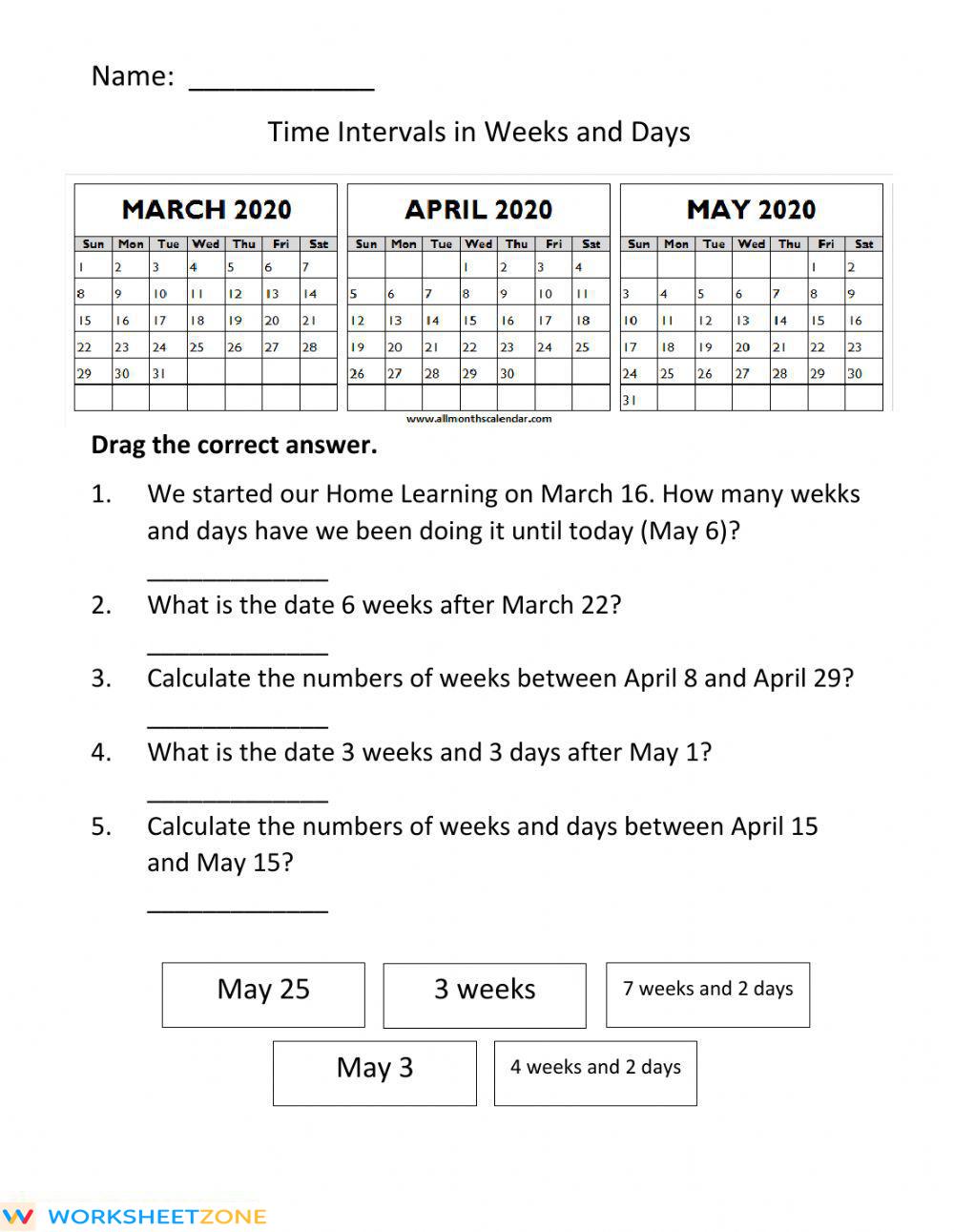 Time intervals in weeks and days | Worksheet Zone