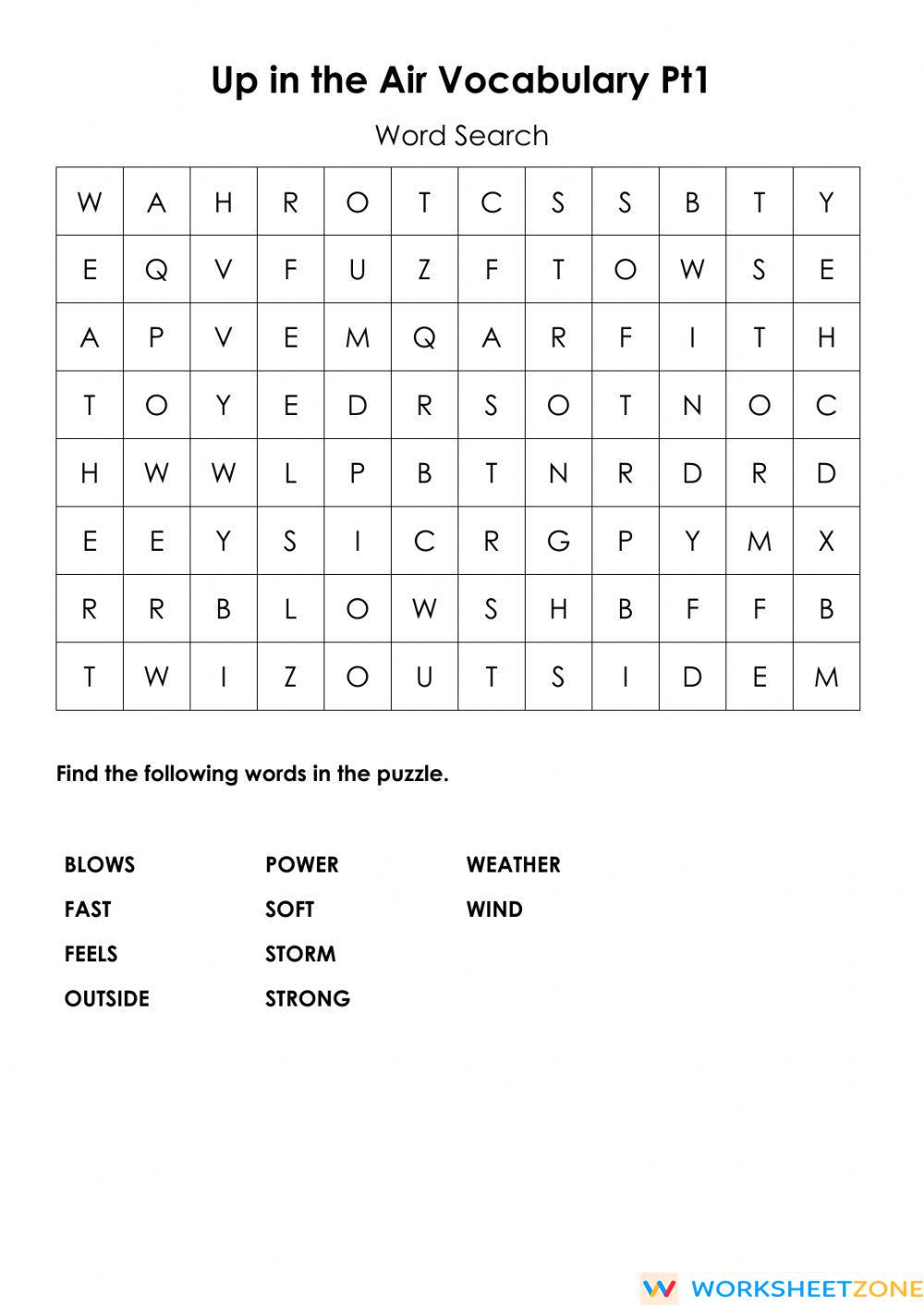 Up In The Air Vocabulary Review PT1 Wordsearch | Worksheet Zone