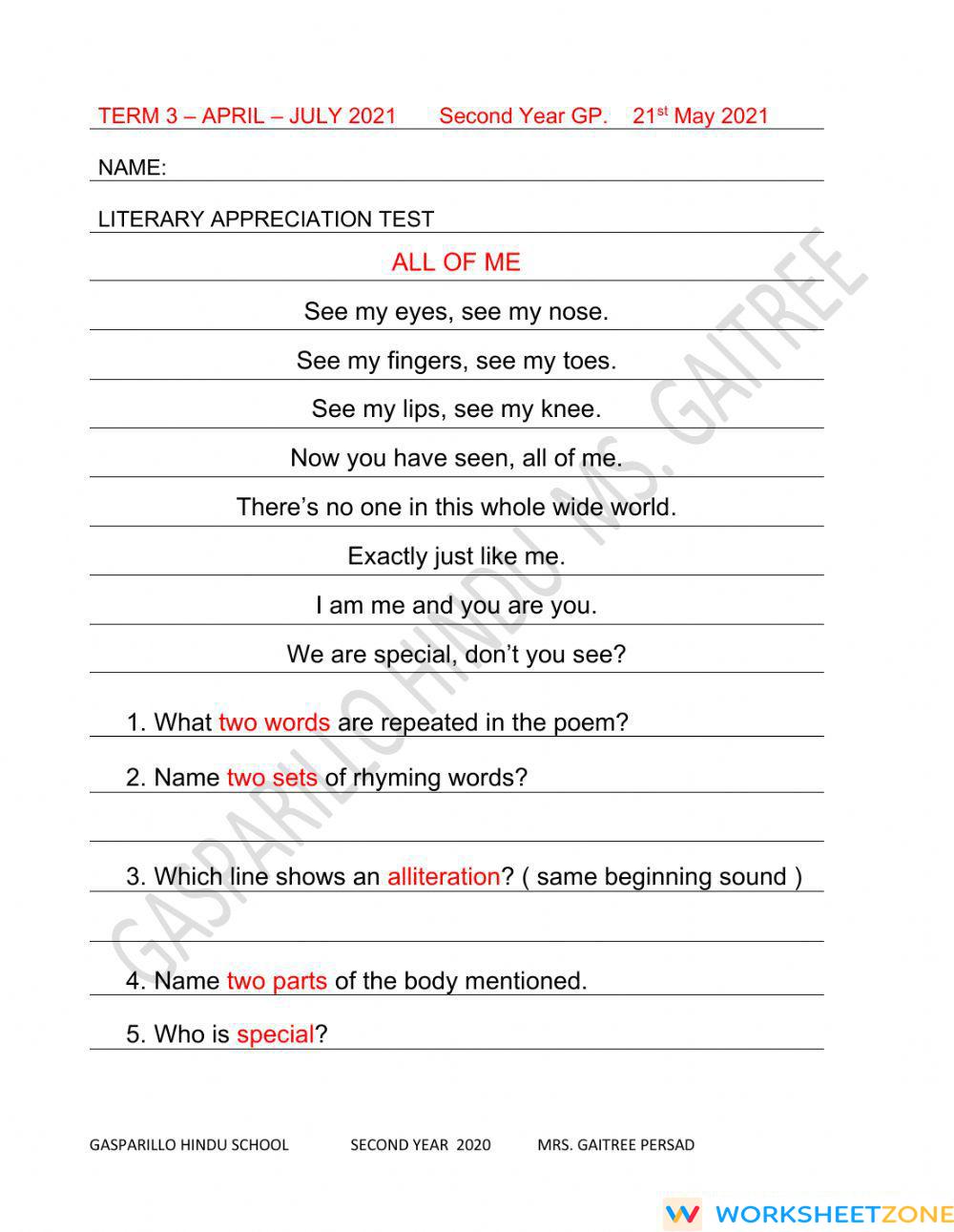 Literary Appreciation | Worksheet Zone