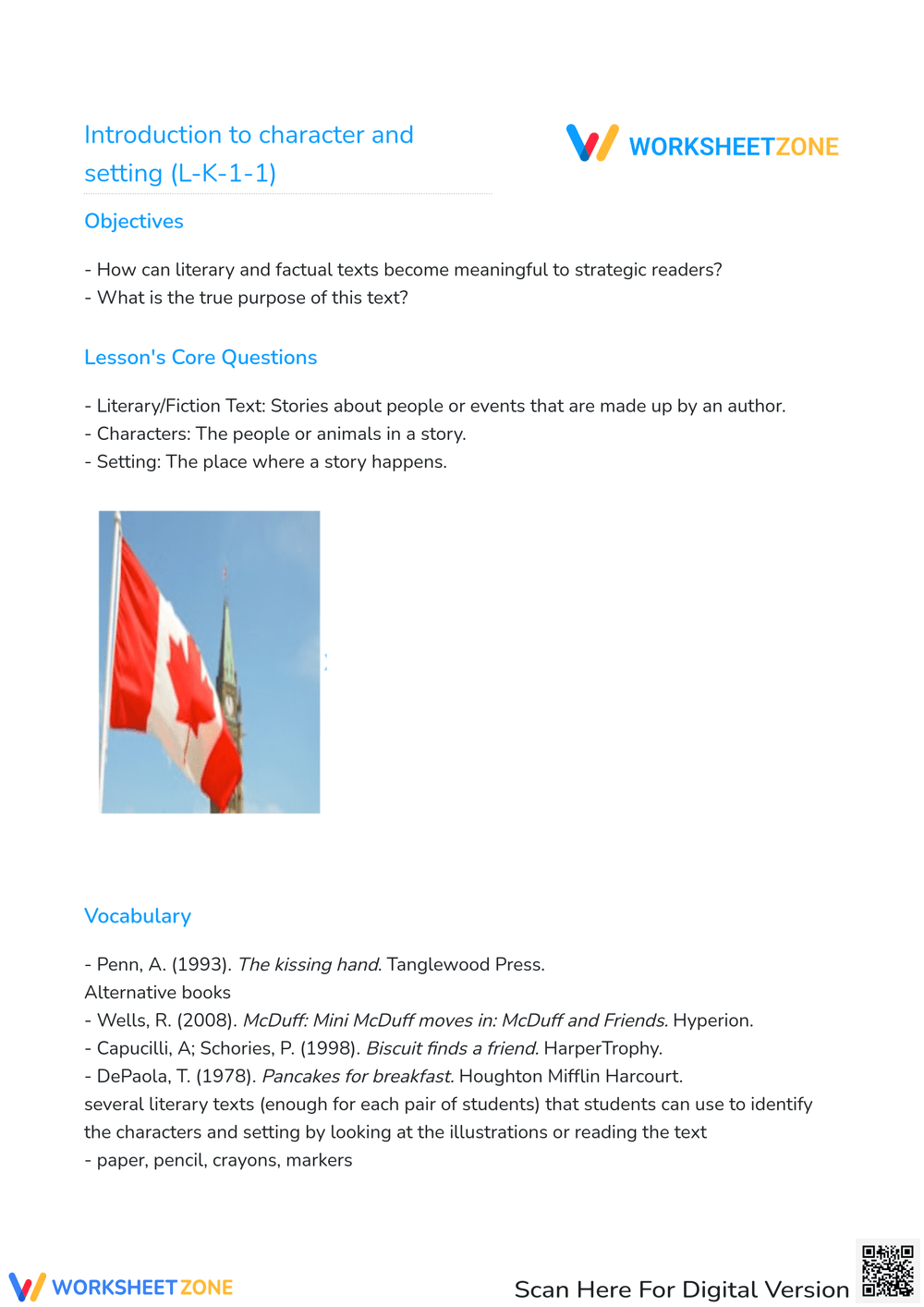 Introduction To Character And Setting (L-K-1-1) Lesson Plan