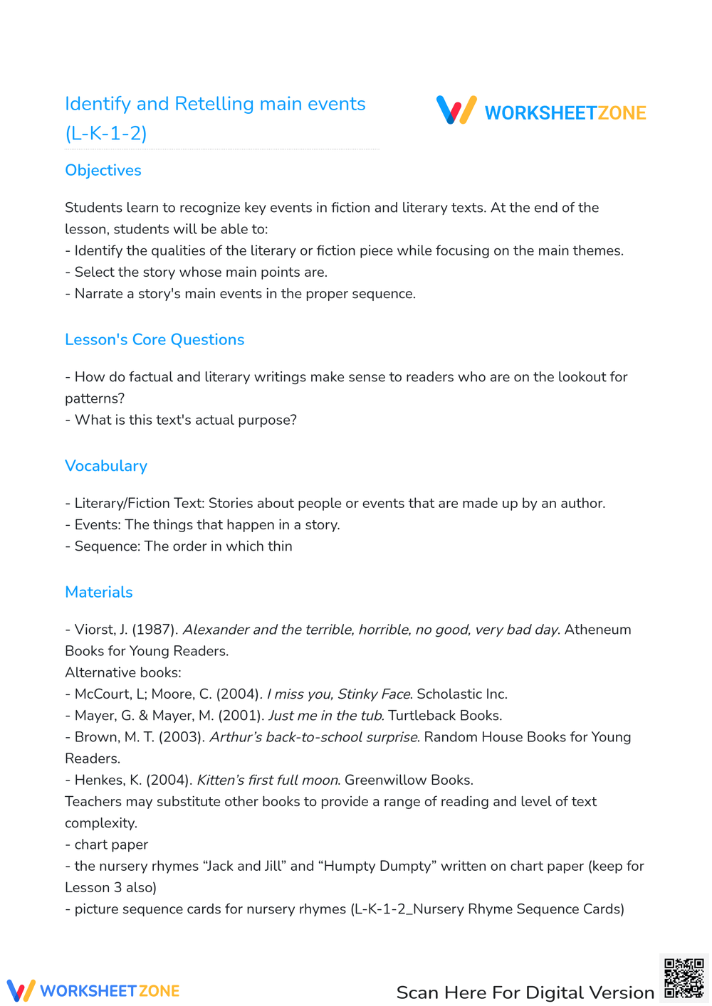 Identify And Retelling Main Events (L-K-1-2) Lesson Plan