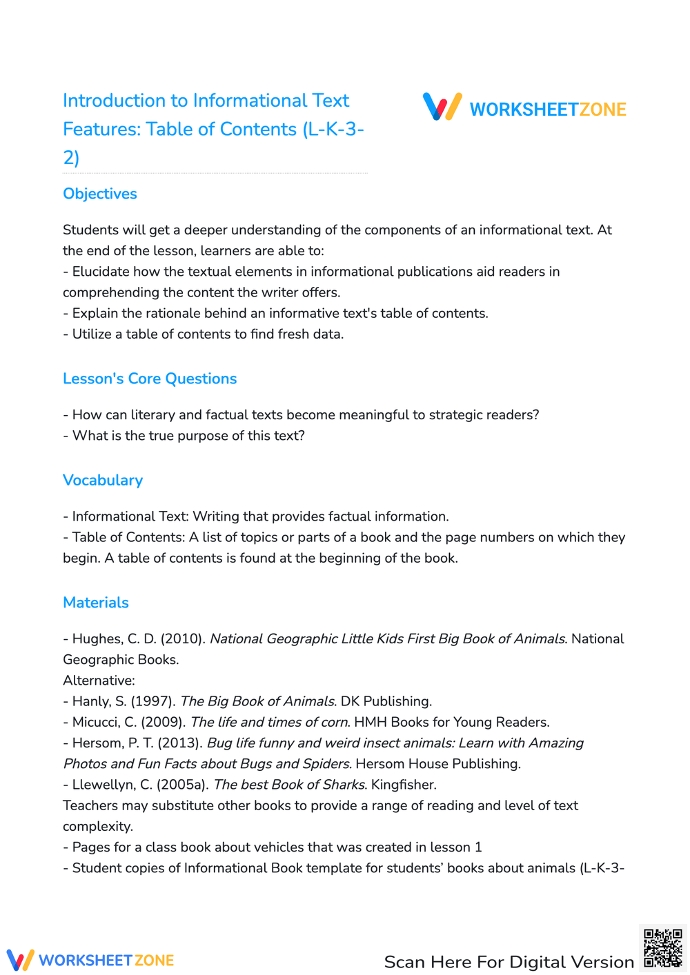 Introduction To Informational Text Features: Table Of Contents (L-K-3-2 ...
