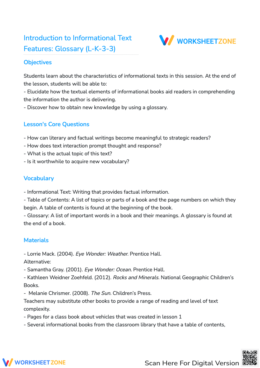 Introduction To Informational Text Features: Glossary (L-K-3-3) Lesson Plan