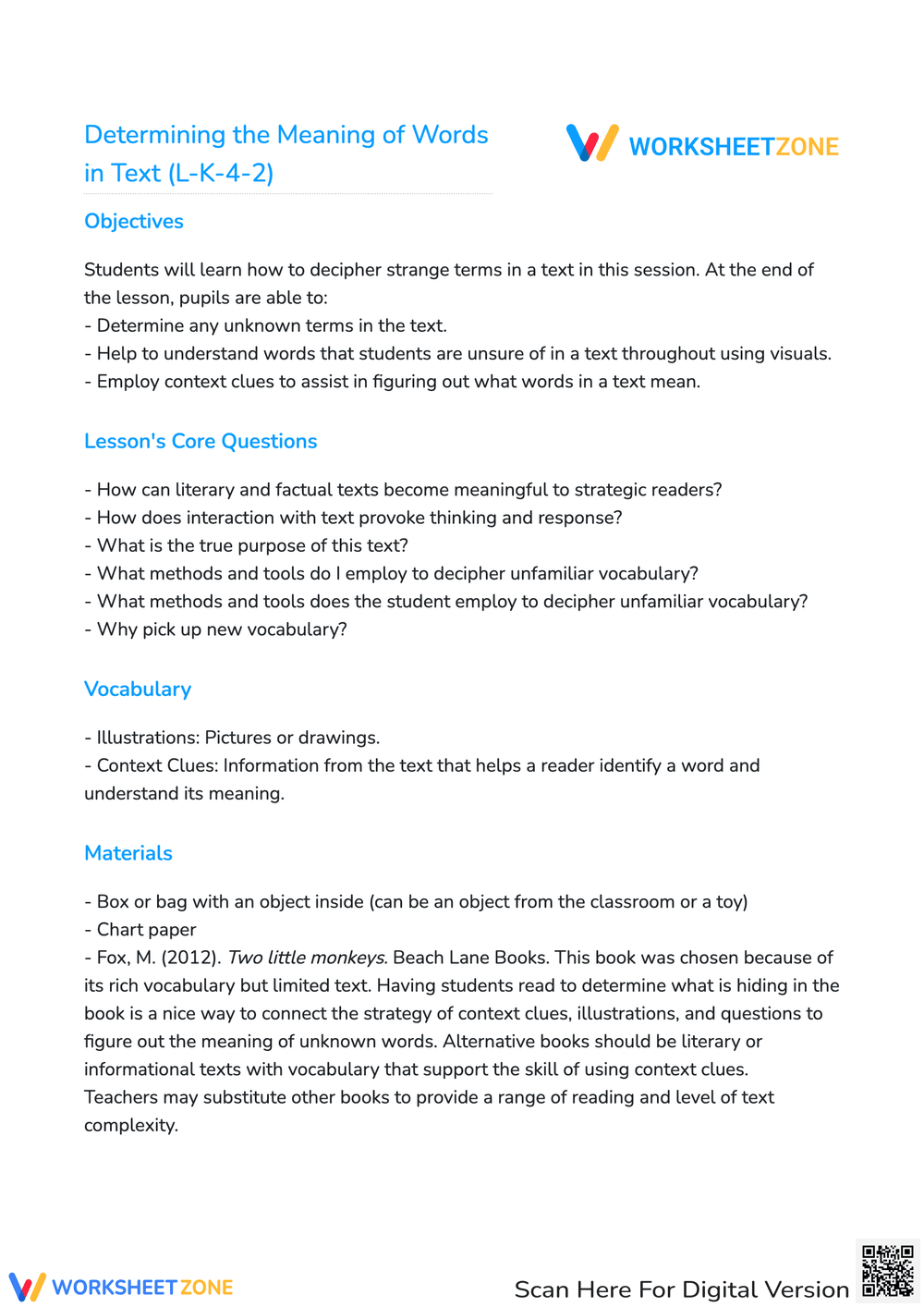 Determining The Meaning Of Words In Text (L-K-4-2) Lesson Plan