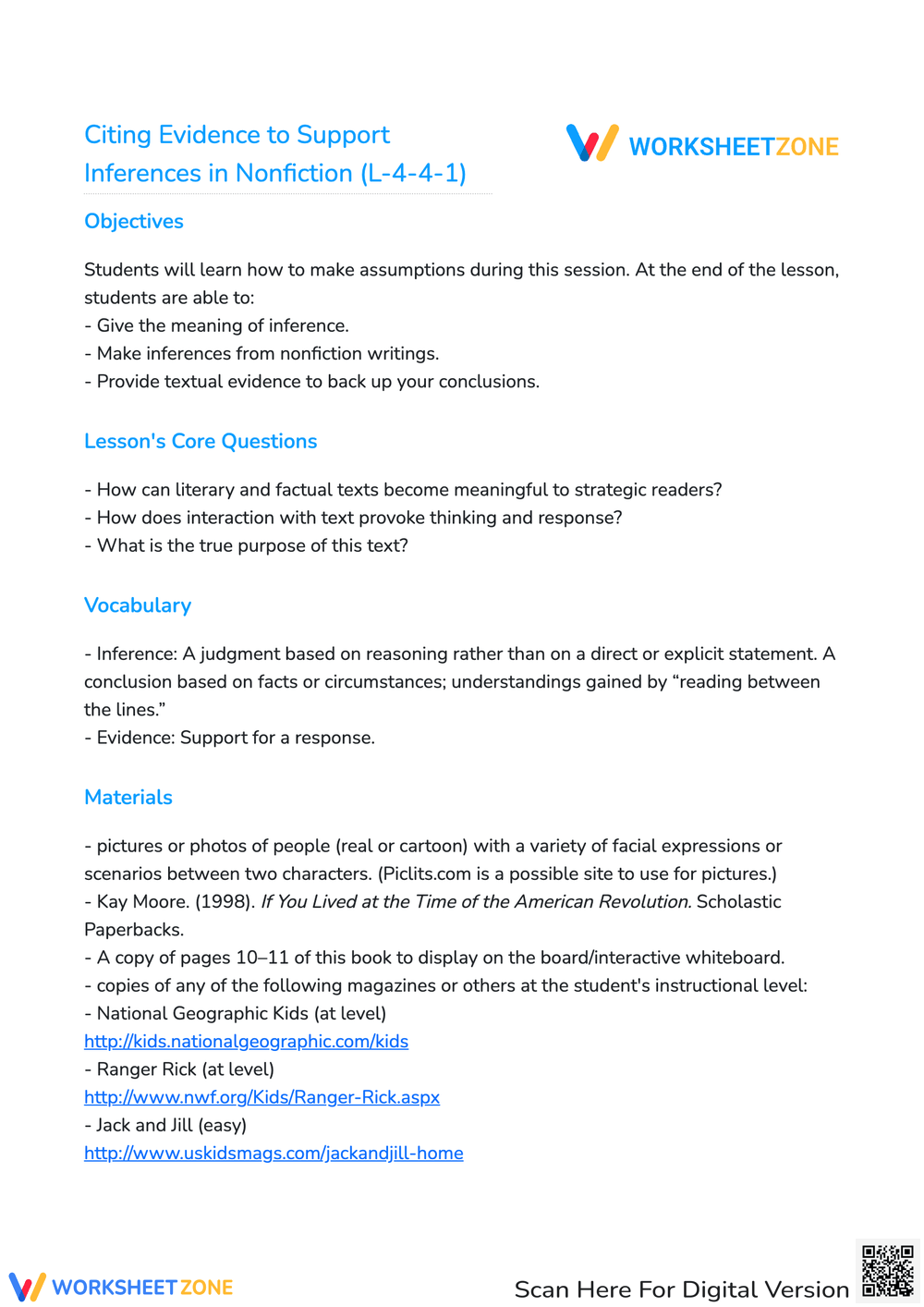 Citing Evidence To Support Inferences In Nonfiction (L-4-4-1) Worksheet Citing Evidence To Support Inferences In Nonfiction (L-4-4-1) Worksheet