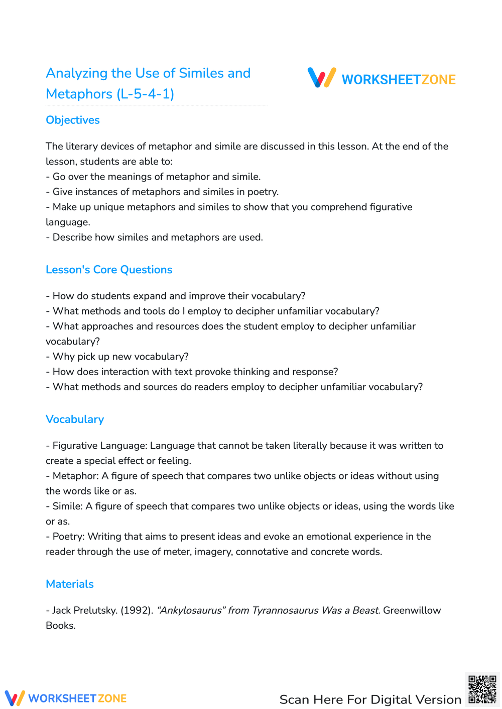 Analyzing The Use Of Similes And Metaphors (L-5-4-1) Lesson Plan
