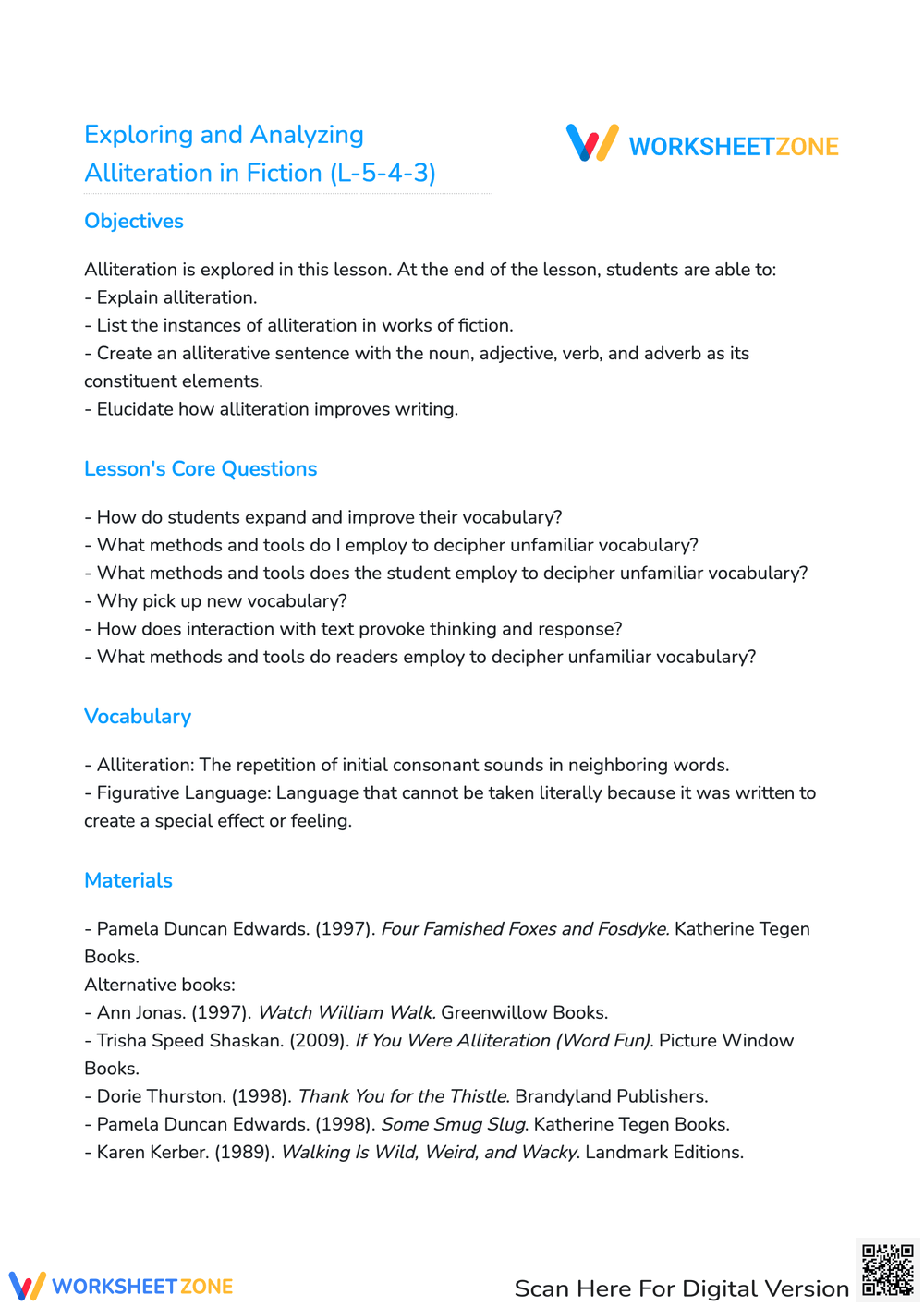 Exploring And Analyzing Alliteration In Fiction (L-5-4-3) Lesson Plan