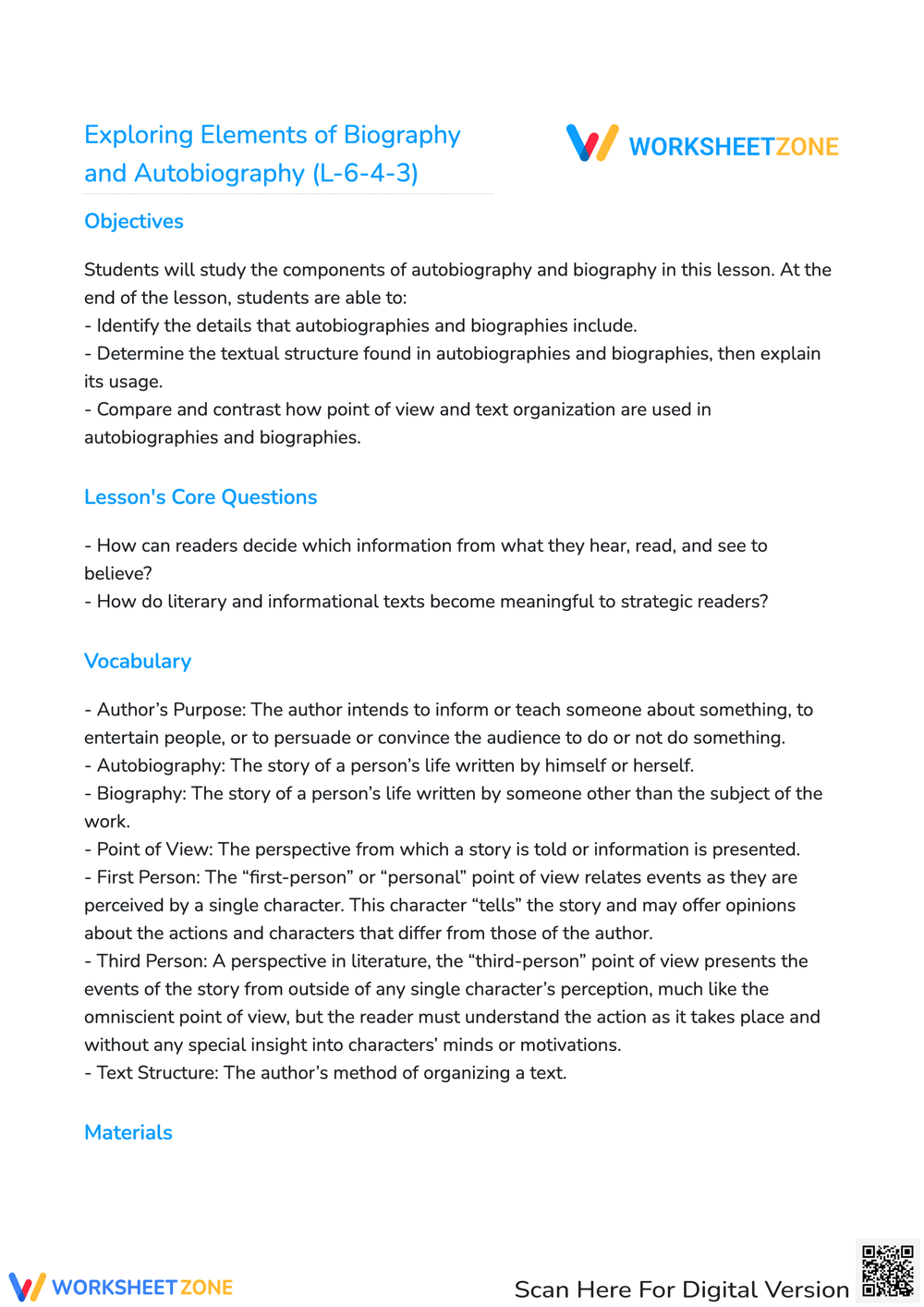 Exploring Elements Of Biography And Autobiography (L-6-4-3) Lesson Plan Exploring Elements Of Biography And Autobiography (L-6-4-3) Lesson Plan