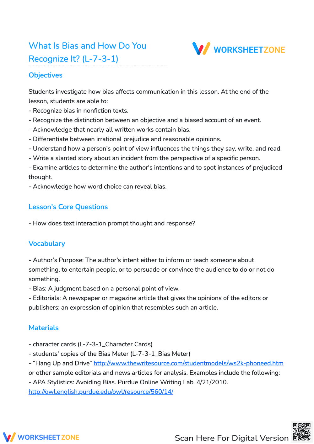 What Is Bias And How Do You Recognize It? (L-7-3-1) Lesson Plan