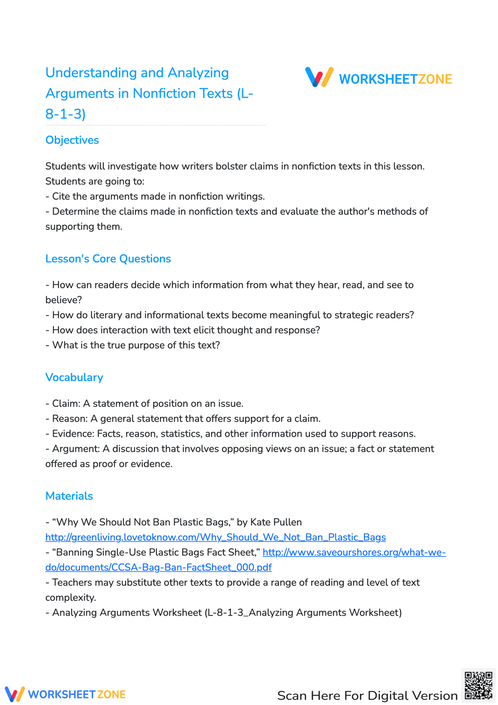 Understanding And Analyzing Arguments In Nonfiction Texts L 8 1 3 Lesson Plan