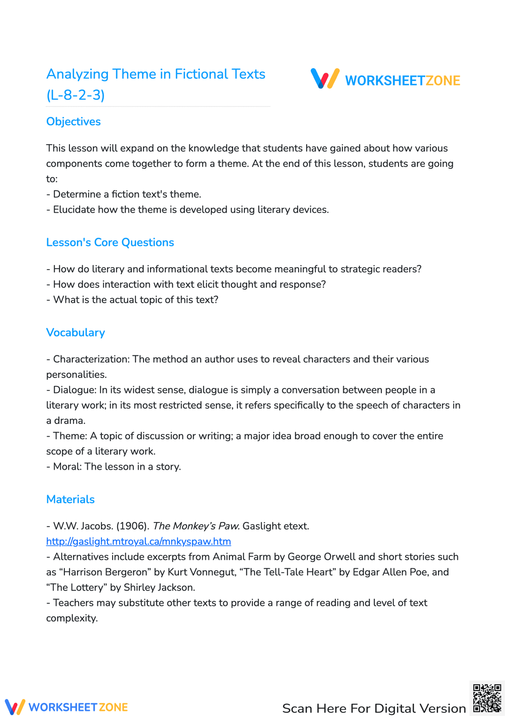 Analyzing Theme In Fictional Texts (L-8-2-3) Lesson Plan