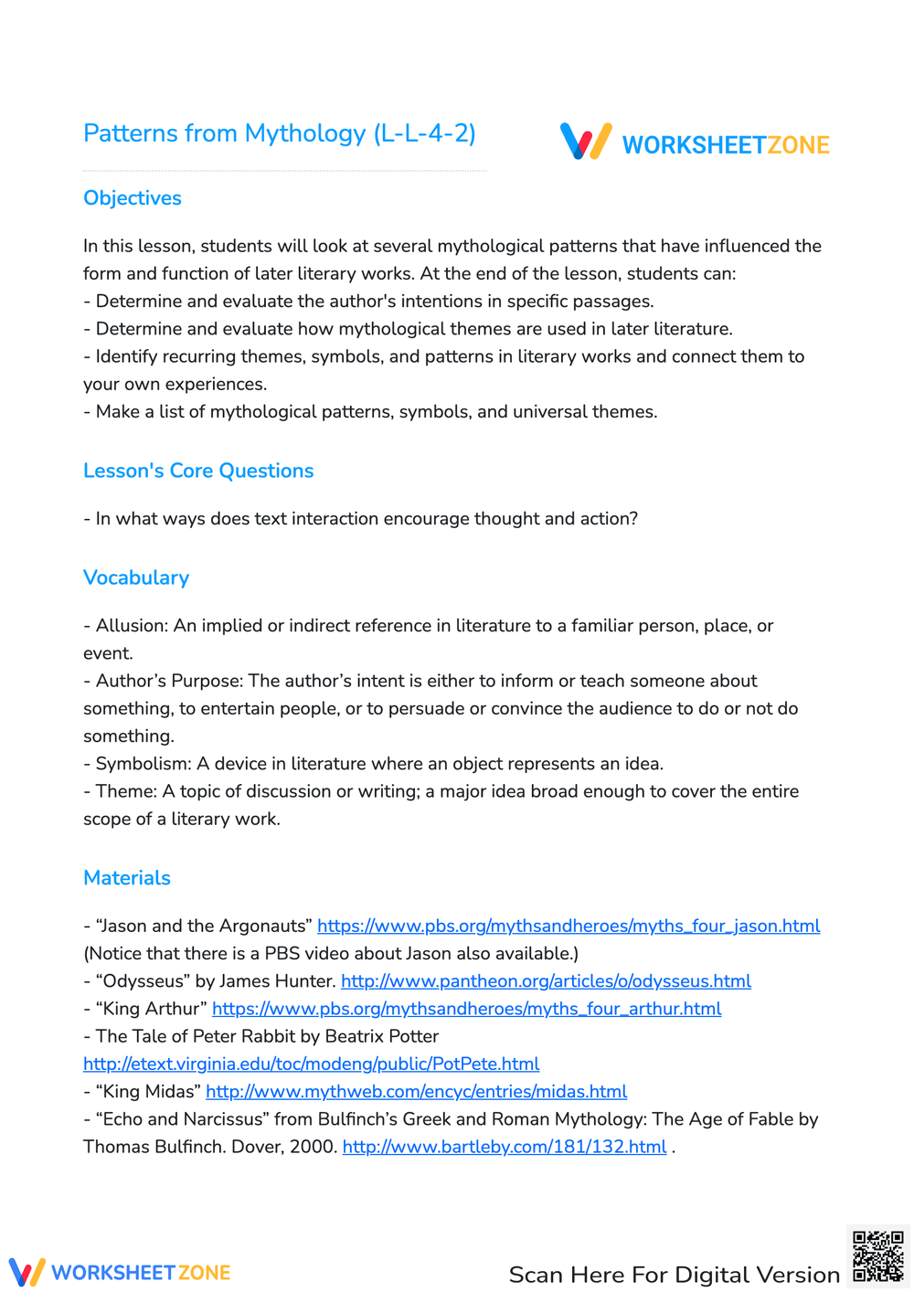 Patterns From Mythology (L-L-4-2) Lesson Plan