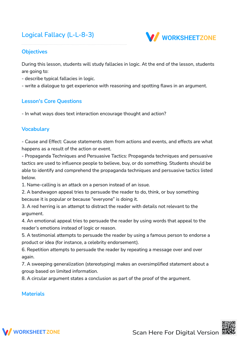 Logical Fallacy (L-L-8-3) Lesson Plan