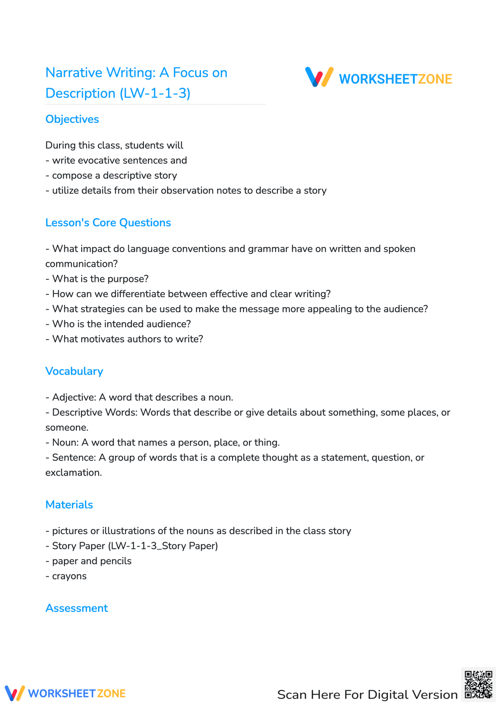 Narrative Writing: A Focus On Description (LW-1-1-3) Lesson Plan