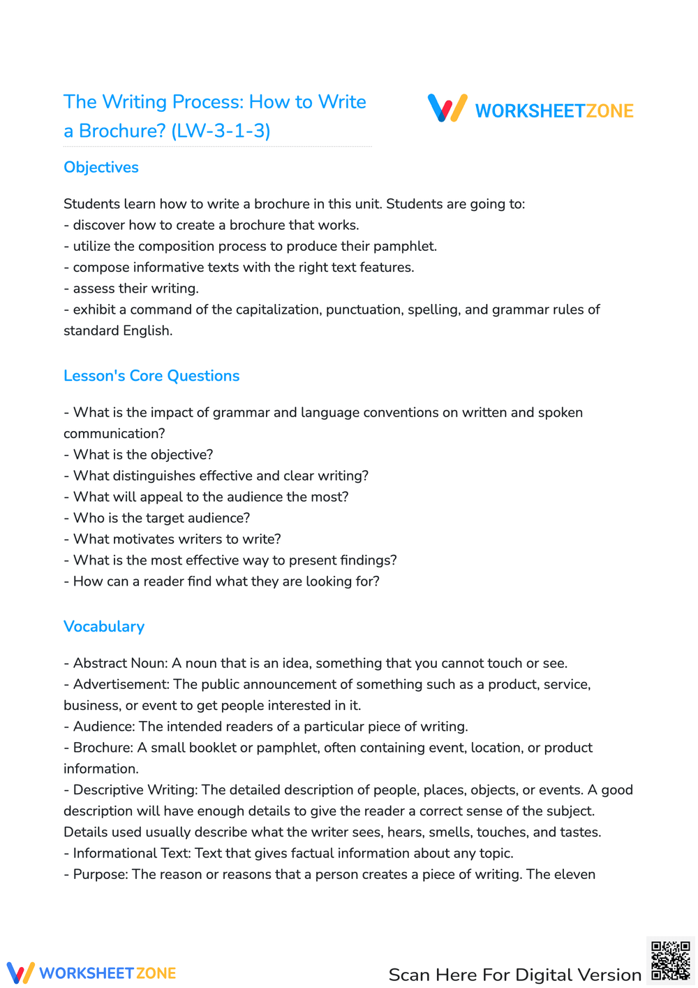 The Writing Process: How To Write A Brochure? (LW-3-1-3) Lesson Plan