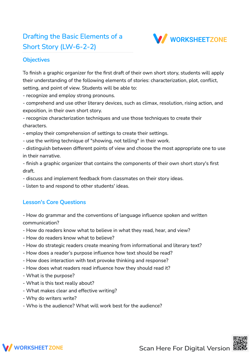 Drafting The Basic Elements Of A Short Story (LW-6-2-2) Lesson Plan