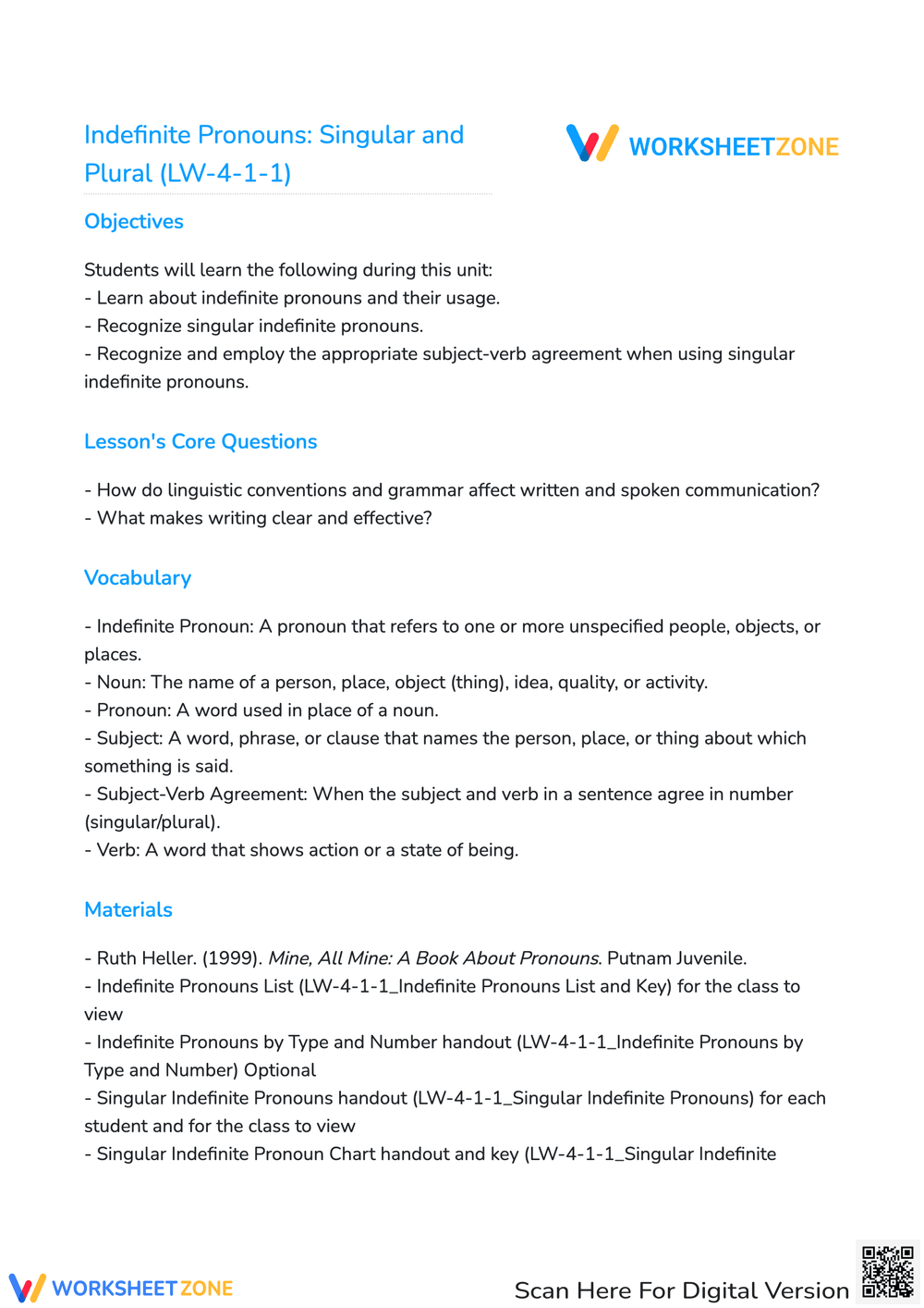 Indefinite Pronouns: Singular And Plural (LW-4-1-1) Worksheet Indefinite Pronouns: Singular And Plural (LW-4-1-1) Worksheet