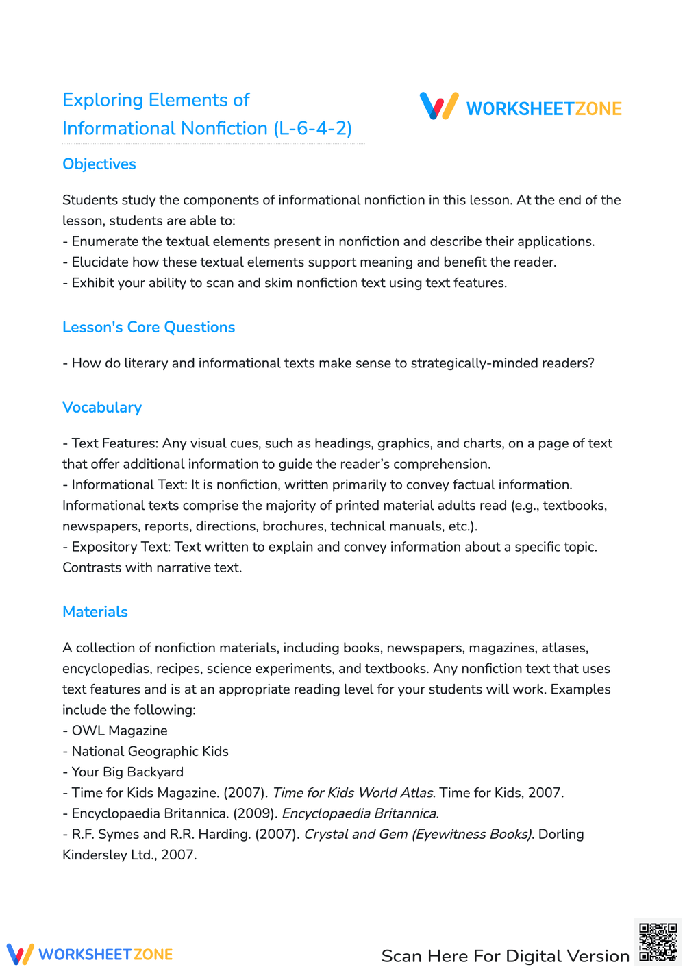 Exploring Elements Of Informational Nonfiction (L-6-4-2) Worksheet Exploring Elements Of Informational Nonfiction (L-6-4-2) Worksheet