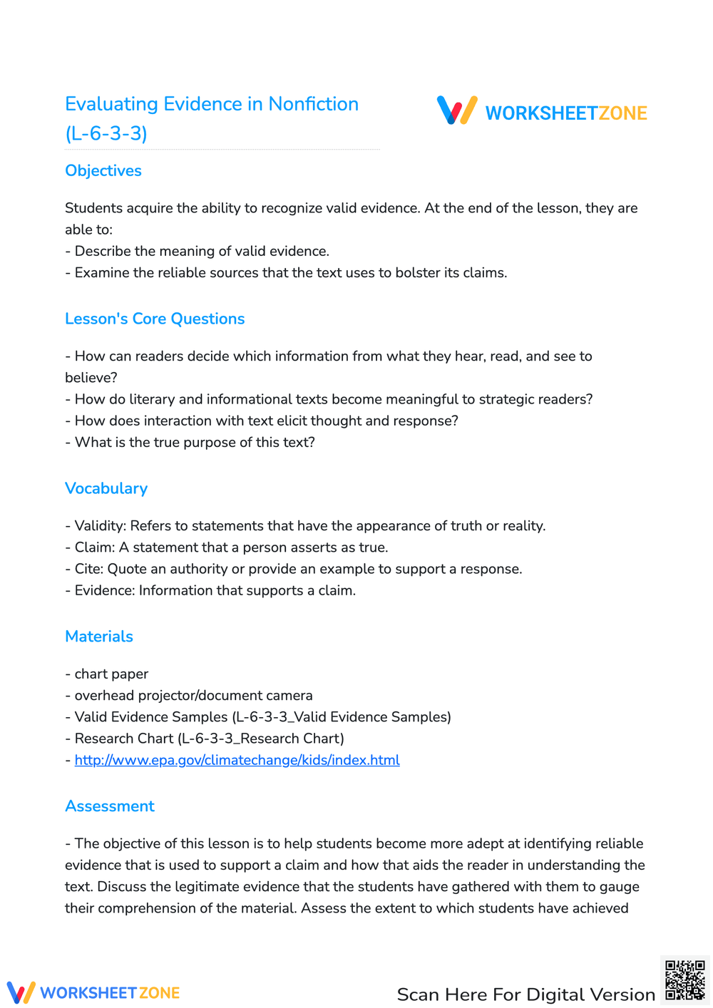 Evaluating Evidence In Nonfiction (L-6-3-3) Worksheet Evaluating Evidence In Nonfiction (L-6-3-3) Worksheet