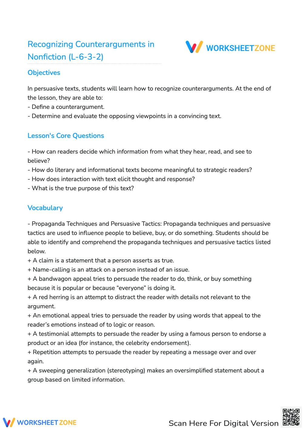 Recognizing Counterarguments In Nonfiction (L-6-3-2) Lesson Plan
