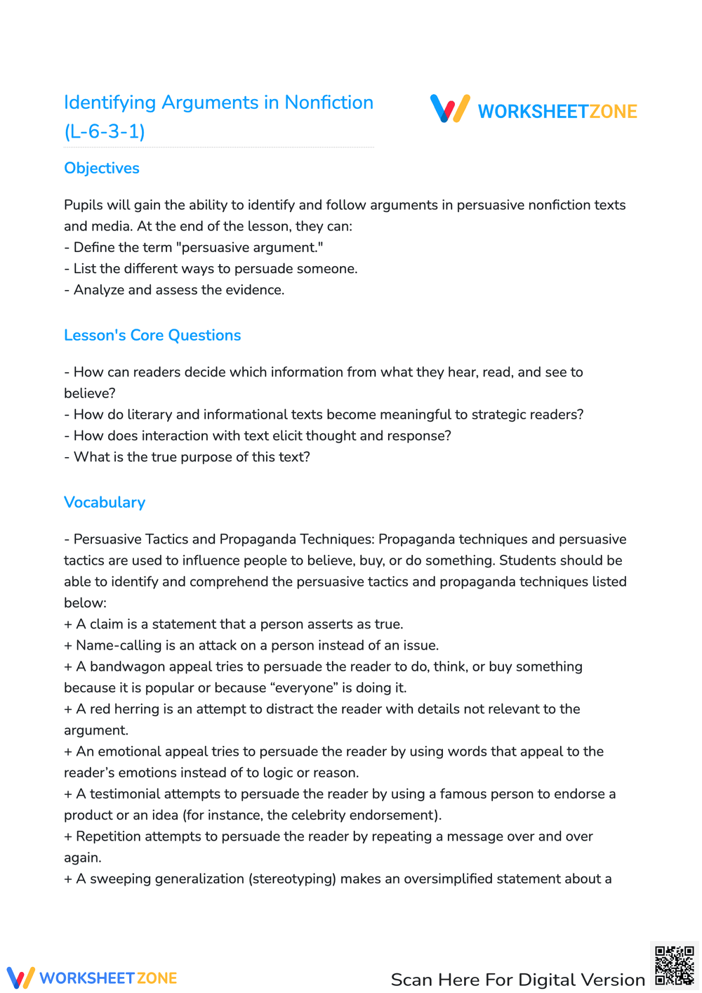 Identifying Arguments In Nonfiction (L-6-3-1) Worksheet Identifying Arguments In Nonfiction (L-6-3-1) Worksheet