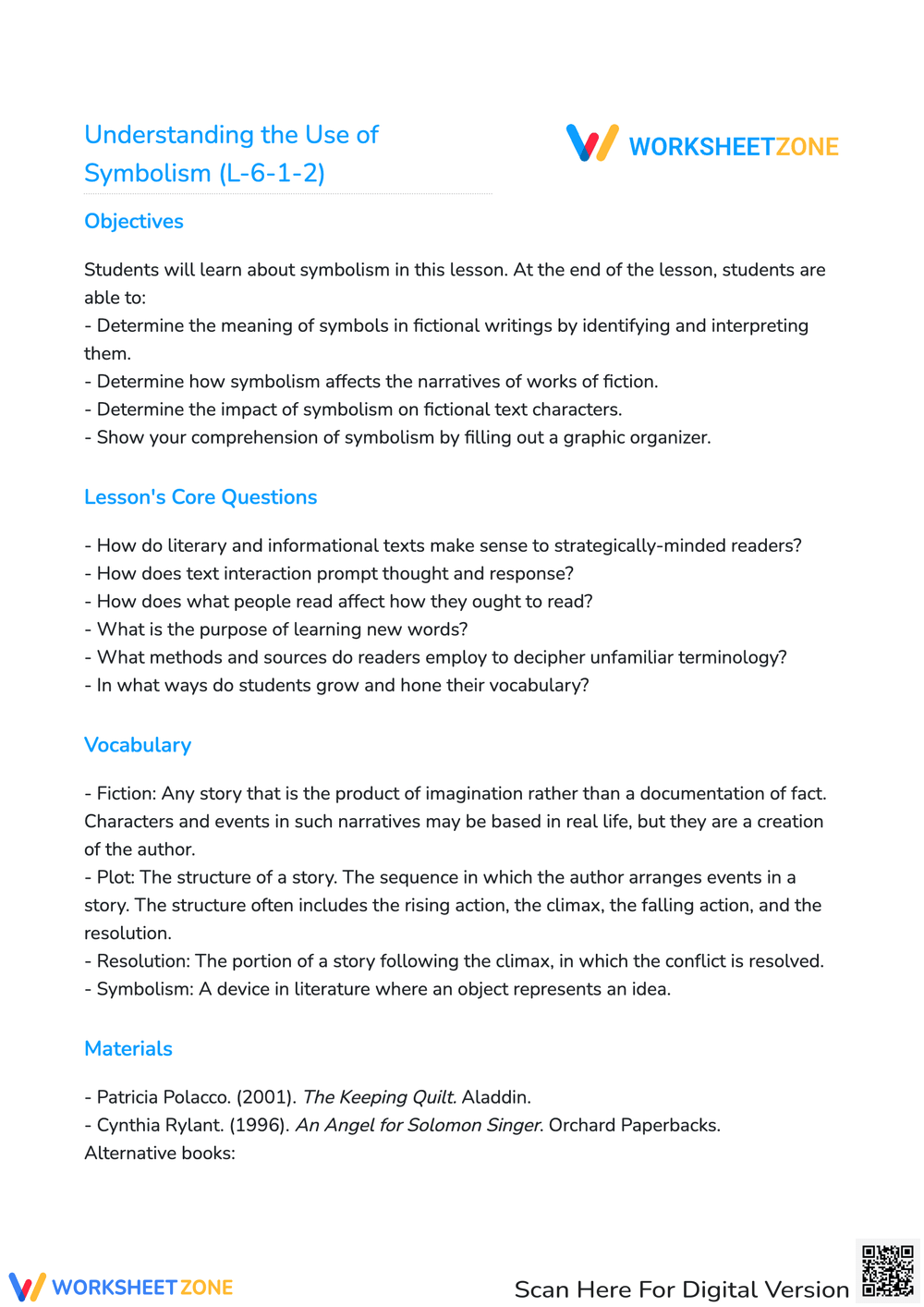 Understanding The Use Of Symbolism (L-6-1-2) Lesson Plan