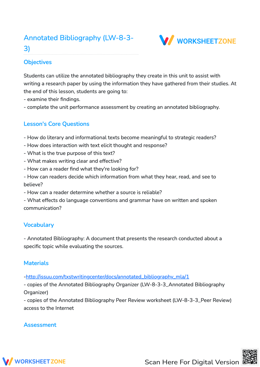 Annotated Bibliography (LW-8-3-3) Lesson Plan