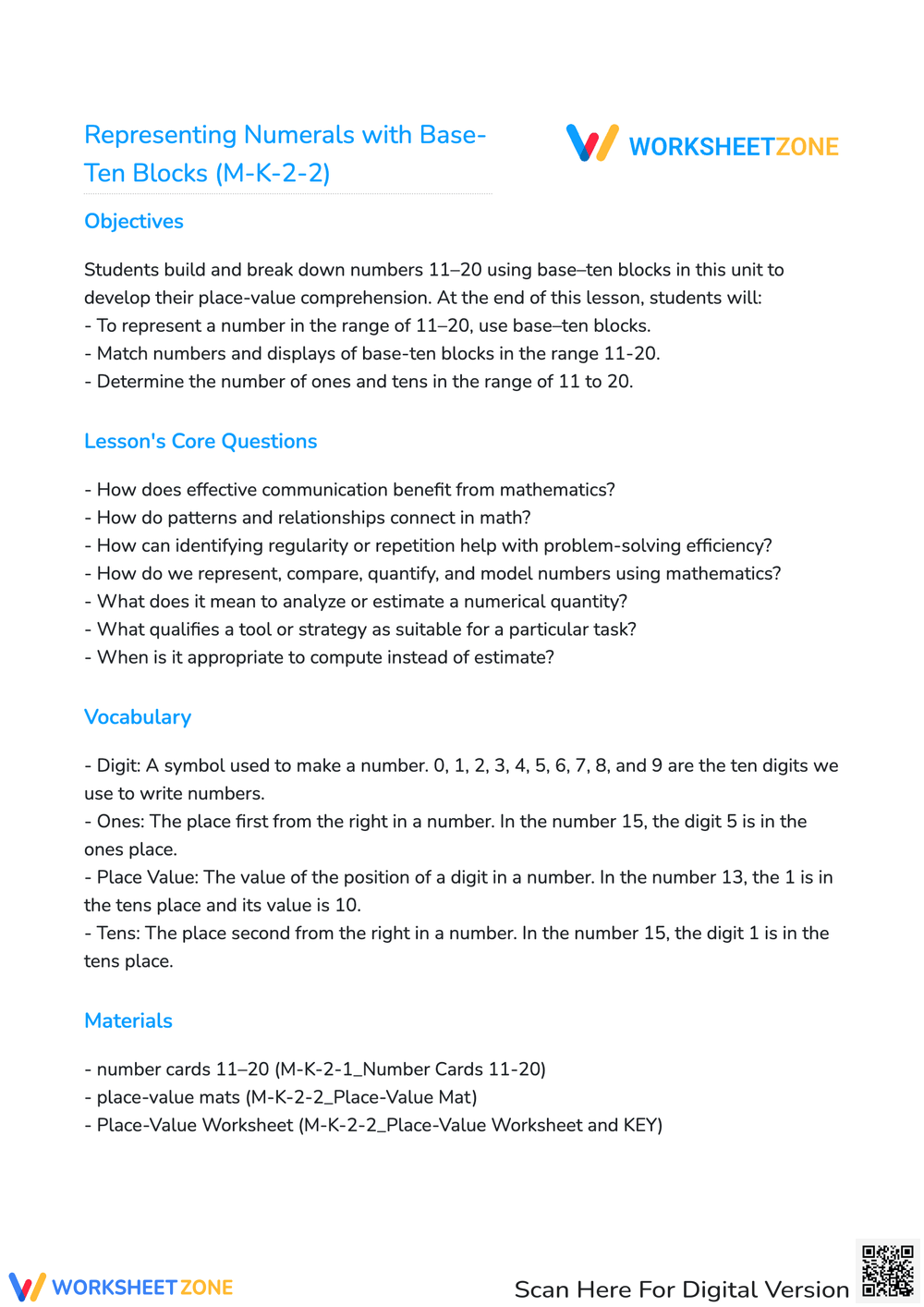 Representing Numerals With Base-Ten Blocks (M-K-2-2) Lesson Plan
