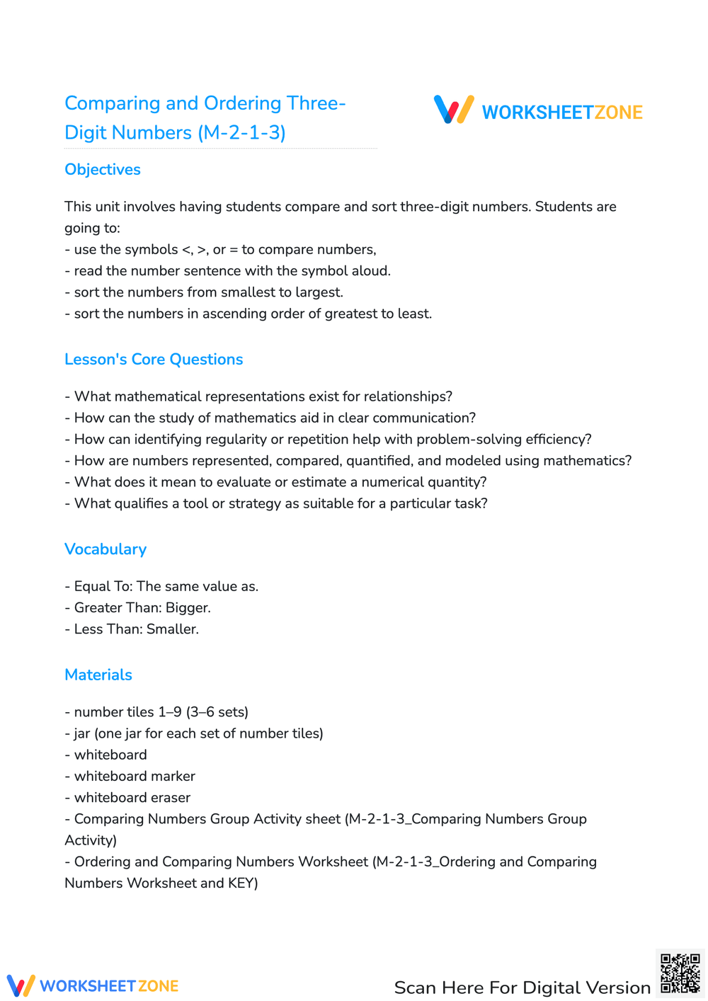 Comparing And Ordering Three-Digit Numbers (M-2-1-3) Lesson Plan