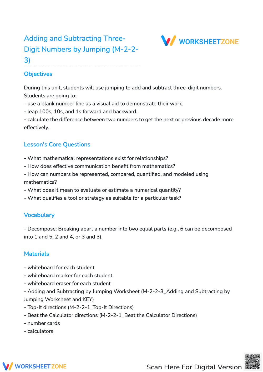 Adding And Subtracting Three-Digit Numbers By Jumping (M-2-2-3) Lesson Plan