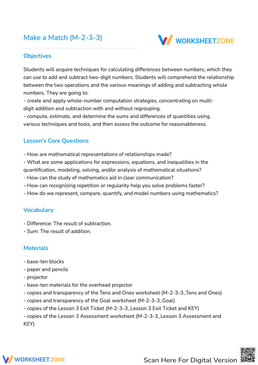 Make A Match (M-2-3-3) Lesson Plan