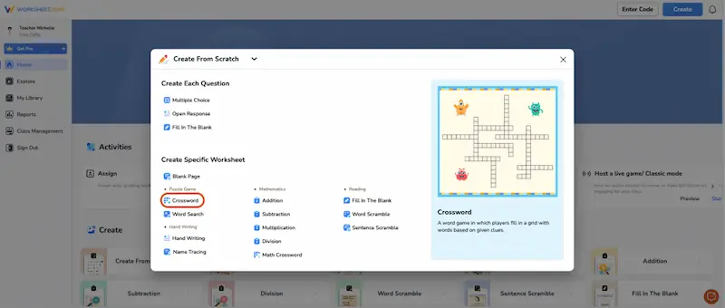 How to Create a Crossword Puzzle on Worksheetzone?