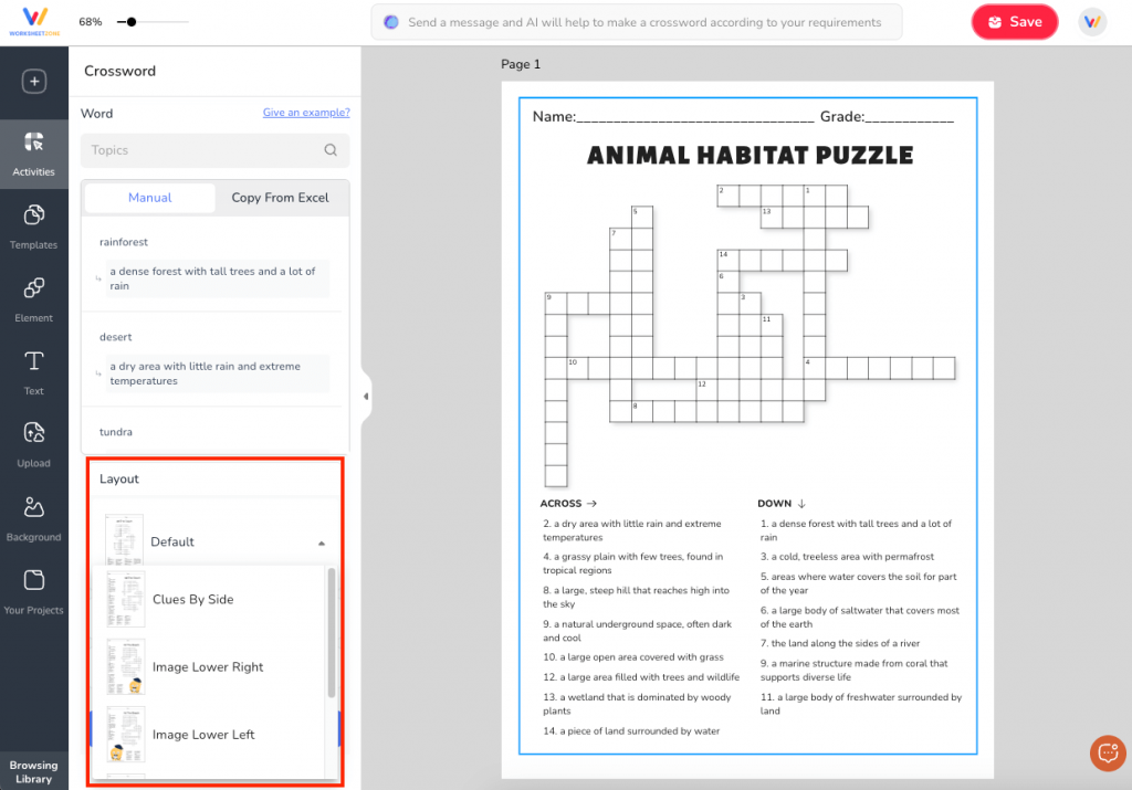 How to Create a Crossword Puzzle on Worksheetzone?