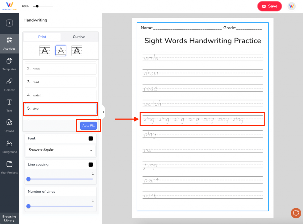 How to Create Handwriting Worksheets on Worksheetzone?