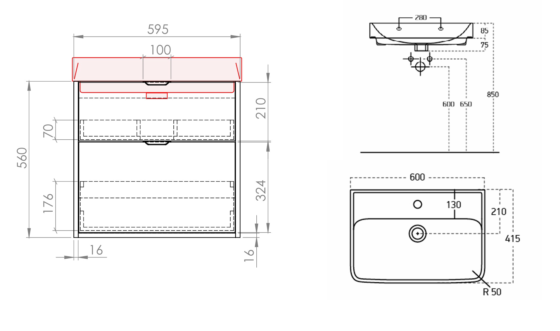 Calia 600mm 2 Drawer Wall Unit & Leon Ceramic Basin - Fine Greige - Get ...